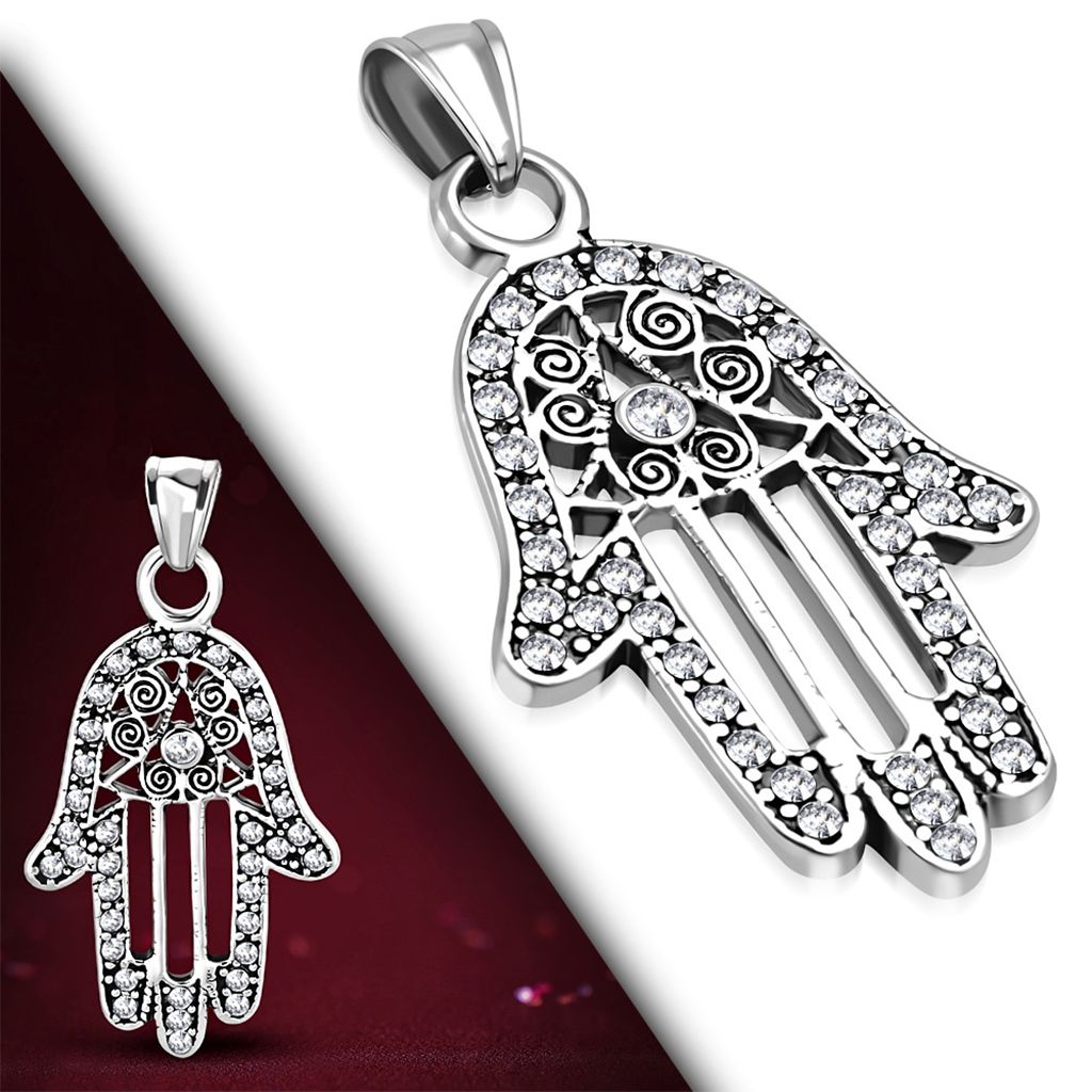 Edelstahl Anhänger Hamsa Hand der Fatima Zirkonia Kristalle Halskette Lederkette Kugelkette ...