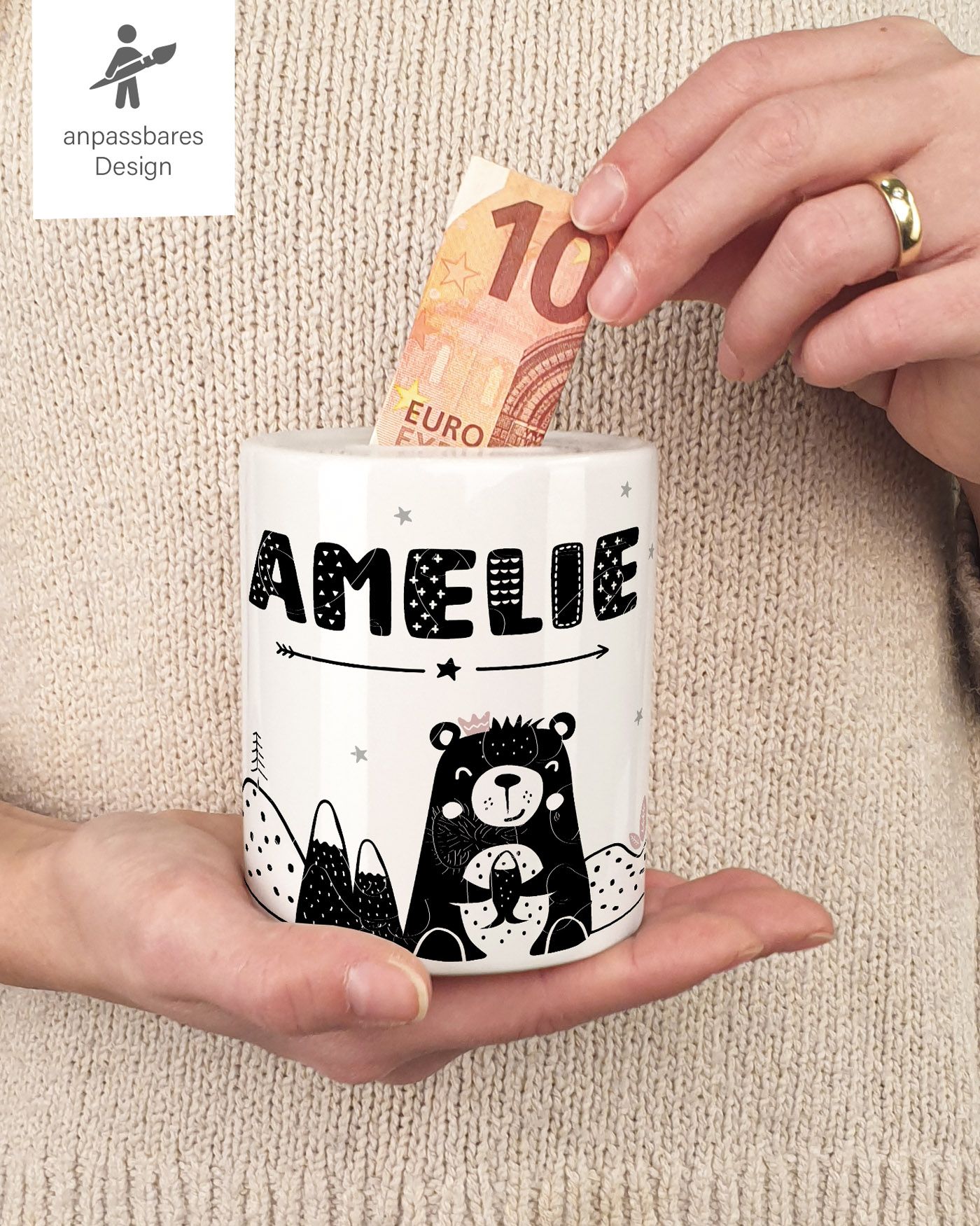 Kinder Spardose mit Namen Bär Tiere Skandi Style Sparschwein Keramik ...